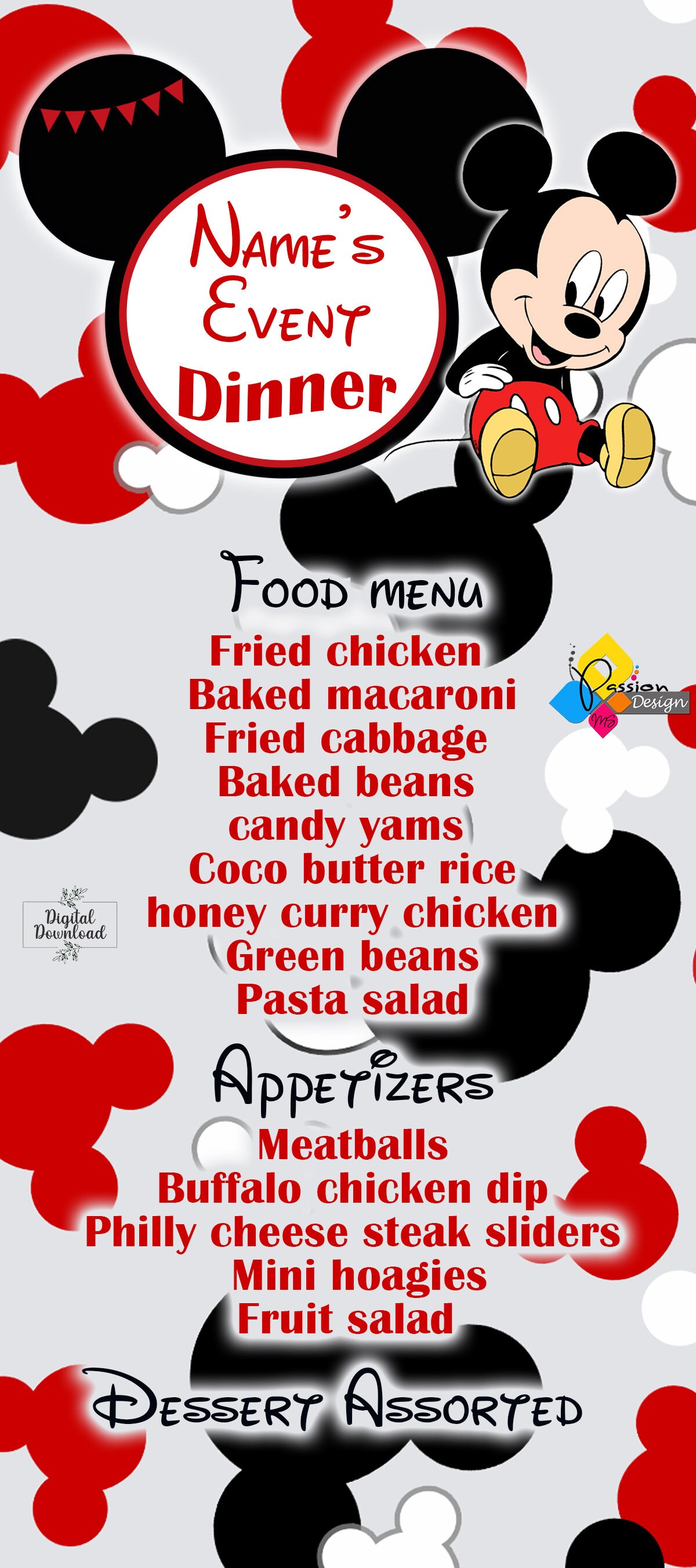 Printable Baby Mickey Mouse Red Dinner Menu. Red Black Mickey Mouse ...