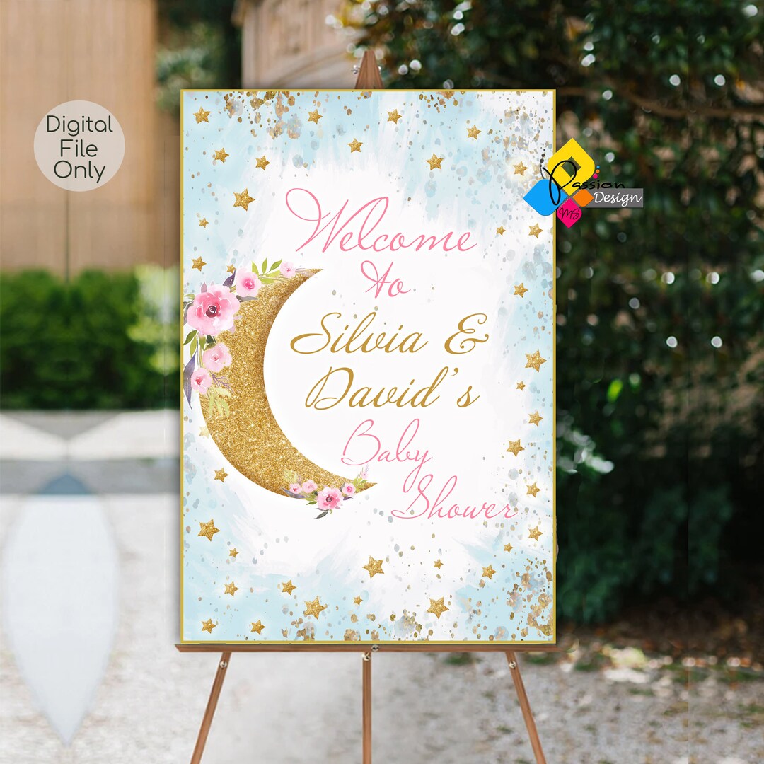 We Are Over the Moon Baby Shower Blue Gold Digital Welcome Board. Stay ...