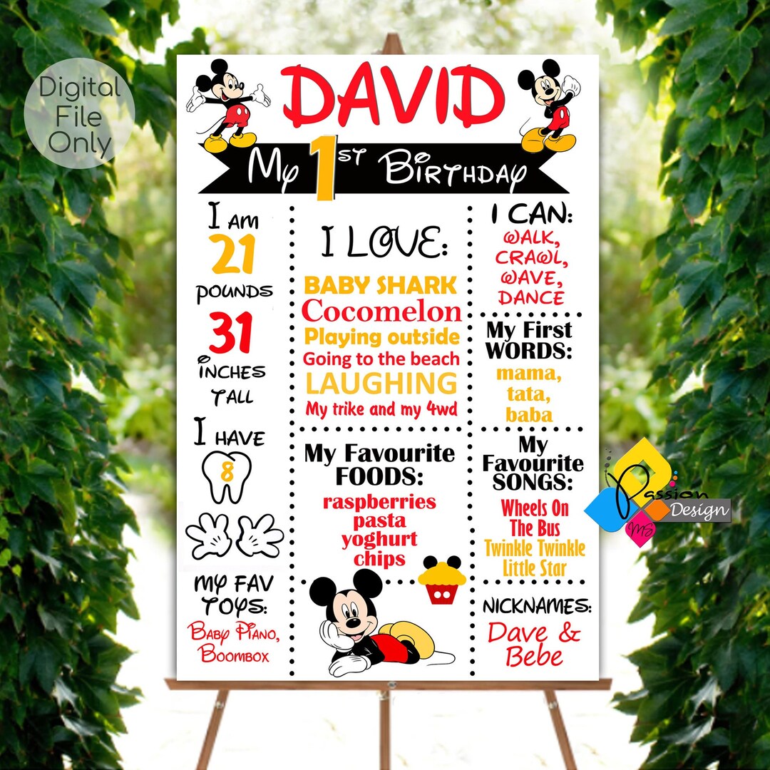 Printable MICKEY MOUSE Milestone Board. First Birthday Mickey Mouse Red ...
