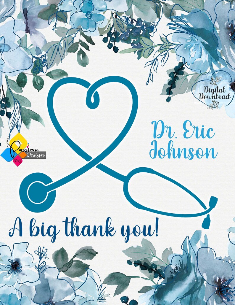 Printable Doctor Name Blue Floral Art Poster. Custom Medical - Etsy