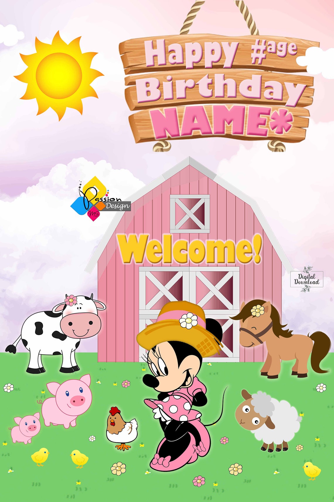 Printable MINNIE Mouse Farm PINK Birthday Welcome Board. CUSTOM Minnie ...