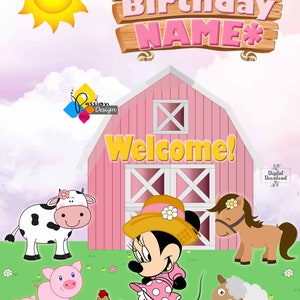 Printable MINNIE Mouse Farm PINK Birthday Welcome Board. CUSTOM Minnie ...