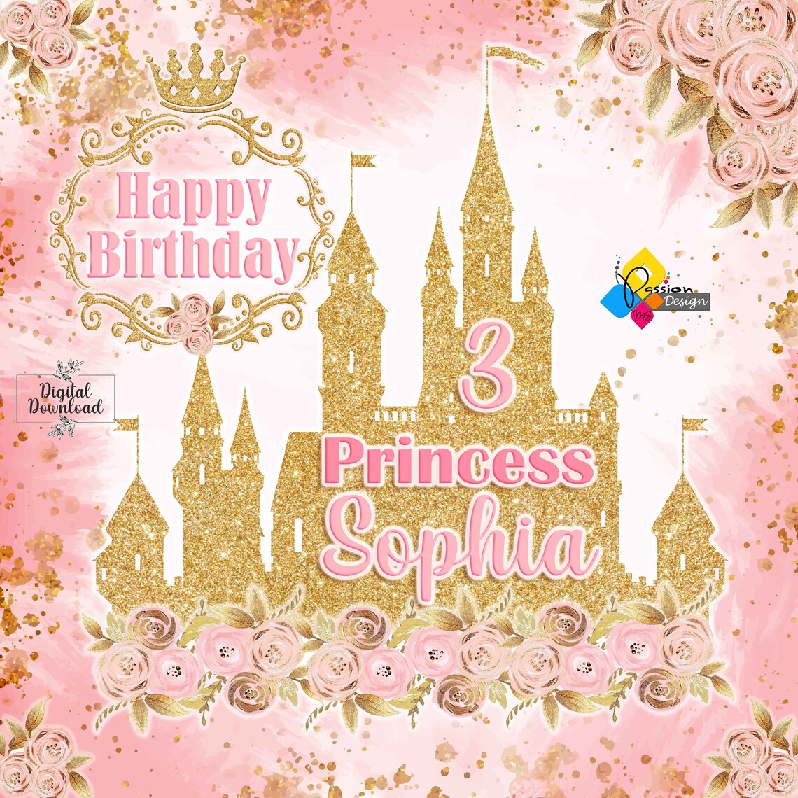 Printable PRINCESS Castle Pink Gold Backdrop. Princess Castle - Etsy