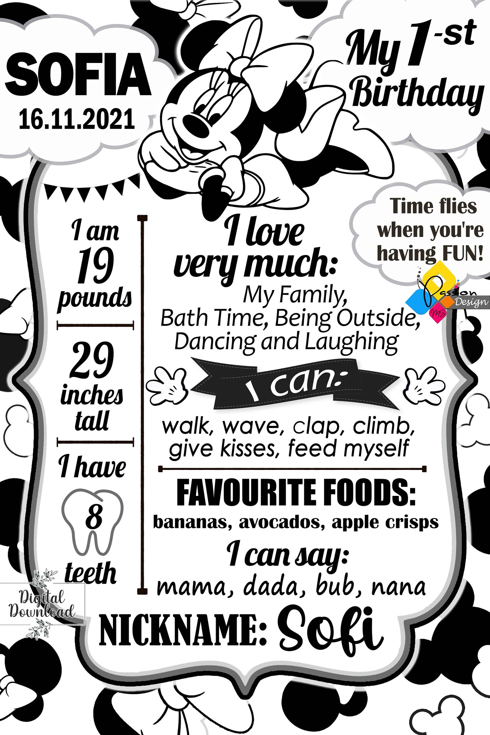 Printable MINNIE MOUSE Monochrome Milestone Board. First Birthday ...