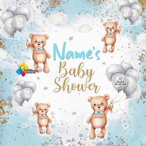 Printable Cute TEDDY BEAR Boy Balloons Backdrop. Baby Shower Blue ...