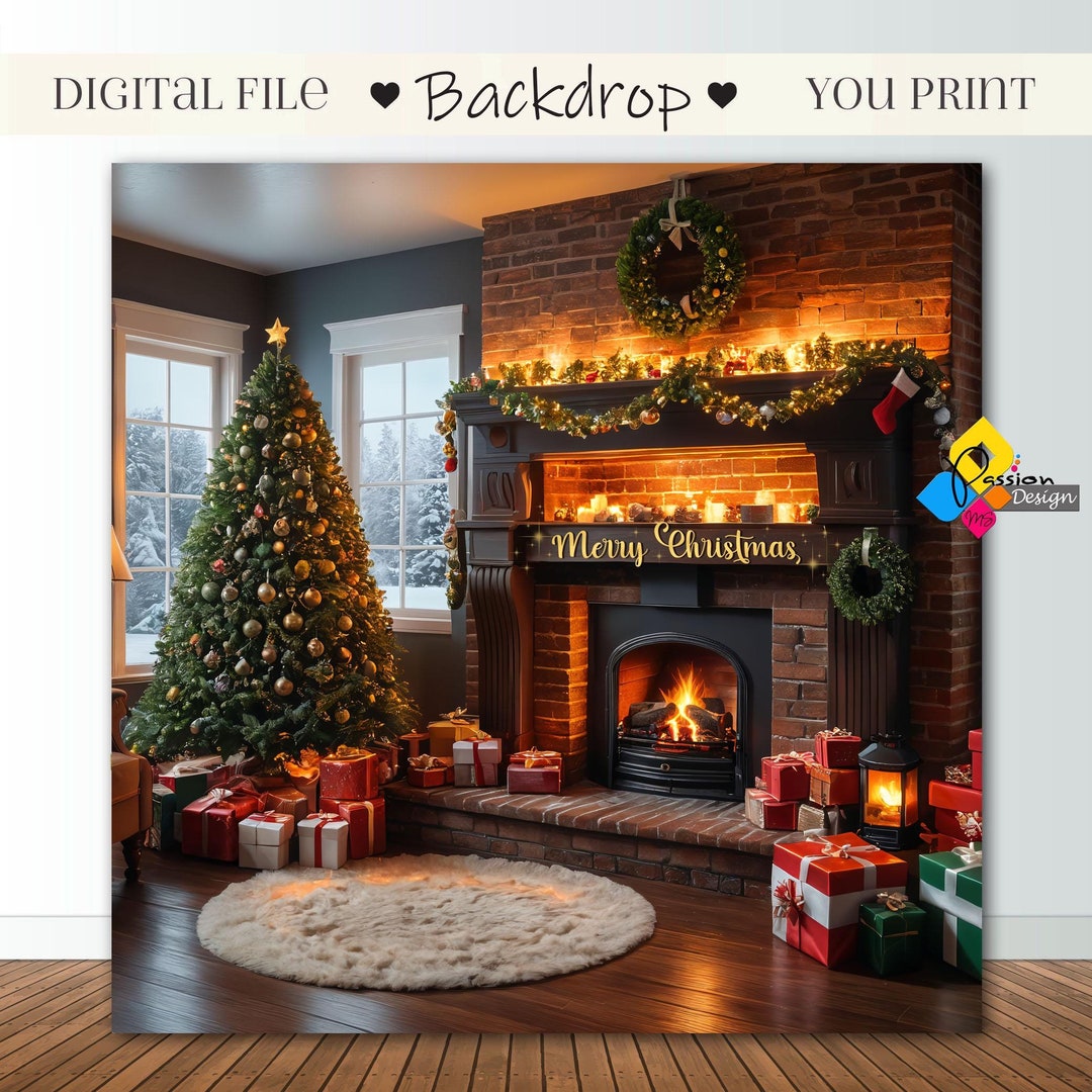 Printable CHRISTMAS Home, Tree, Fireplace, Presents Backdrop. Merry ...