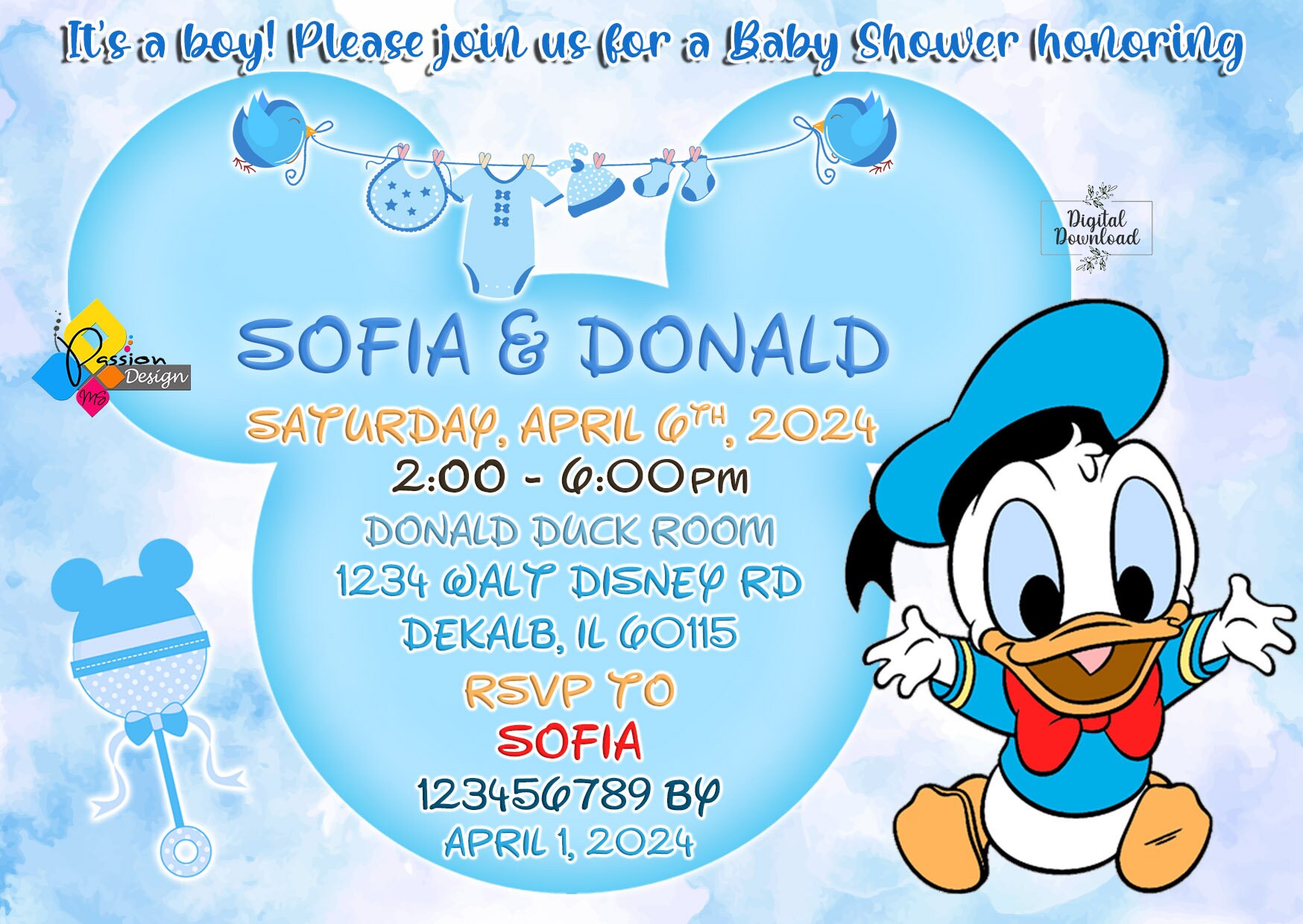 Invitación imprimible para baby shower del Pato Donald bebé en color ...