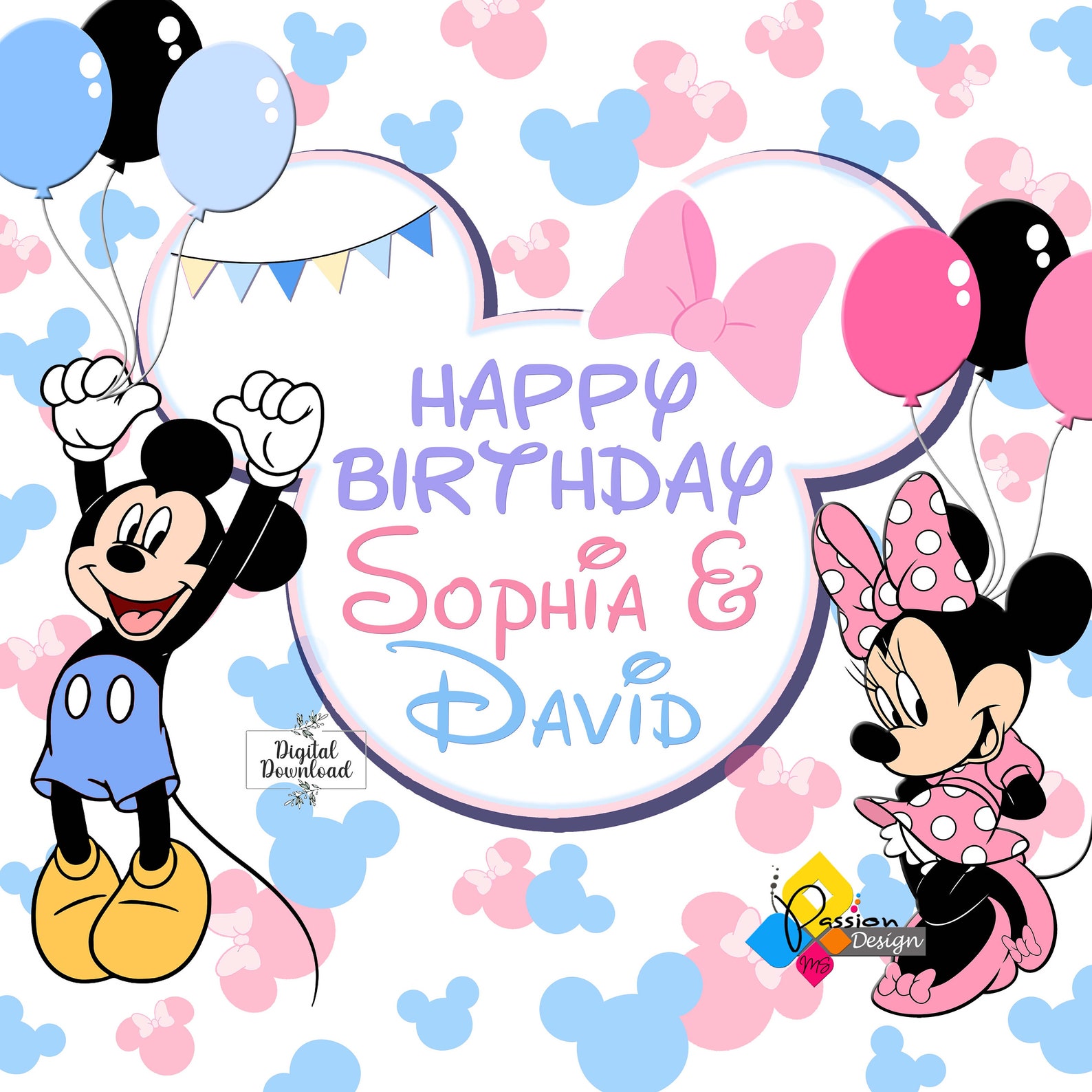 Printable MICKEY and MINNIE Mouse Birthday Backdrop. CUSTOM Mickey and ...