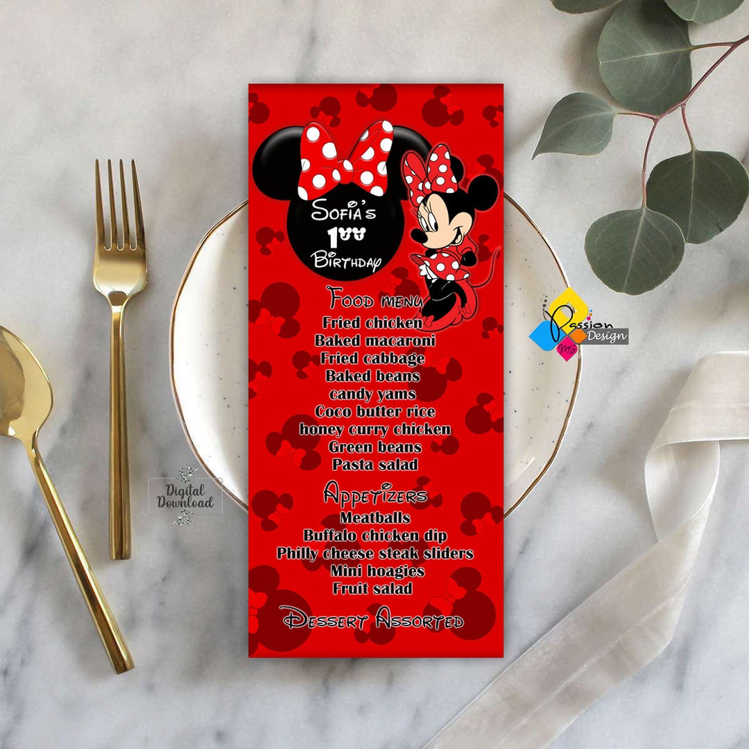 Printable Minnie Mouse RED Dinner Menu. Red Minnie Mouse Birthday Menu Card. Personalized Minnie ...