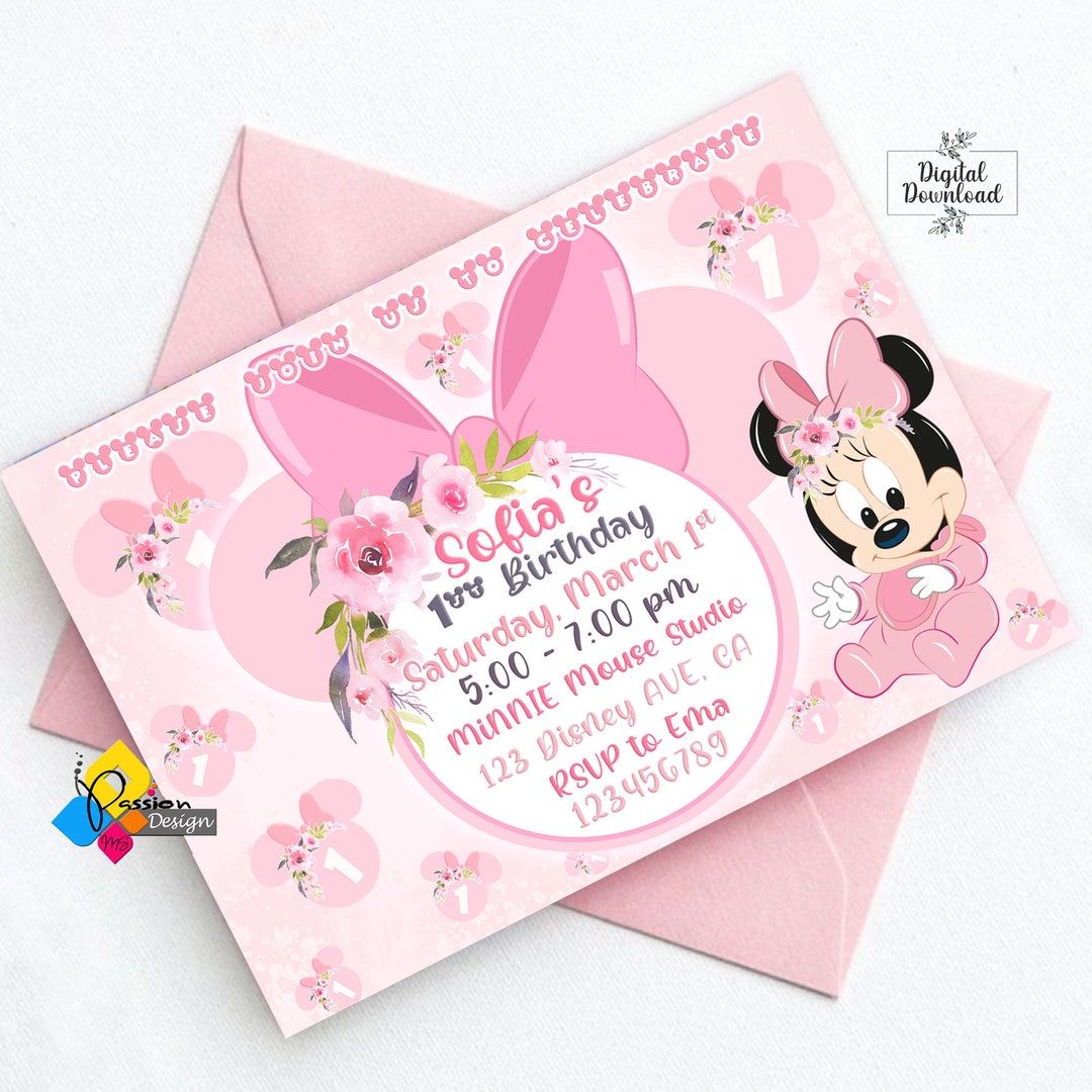 Printable Baby MINNIE MOUSE First Birthday Floral Invitation. Custom ...