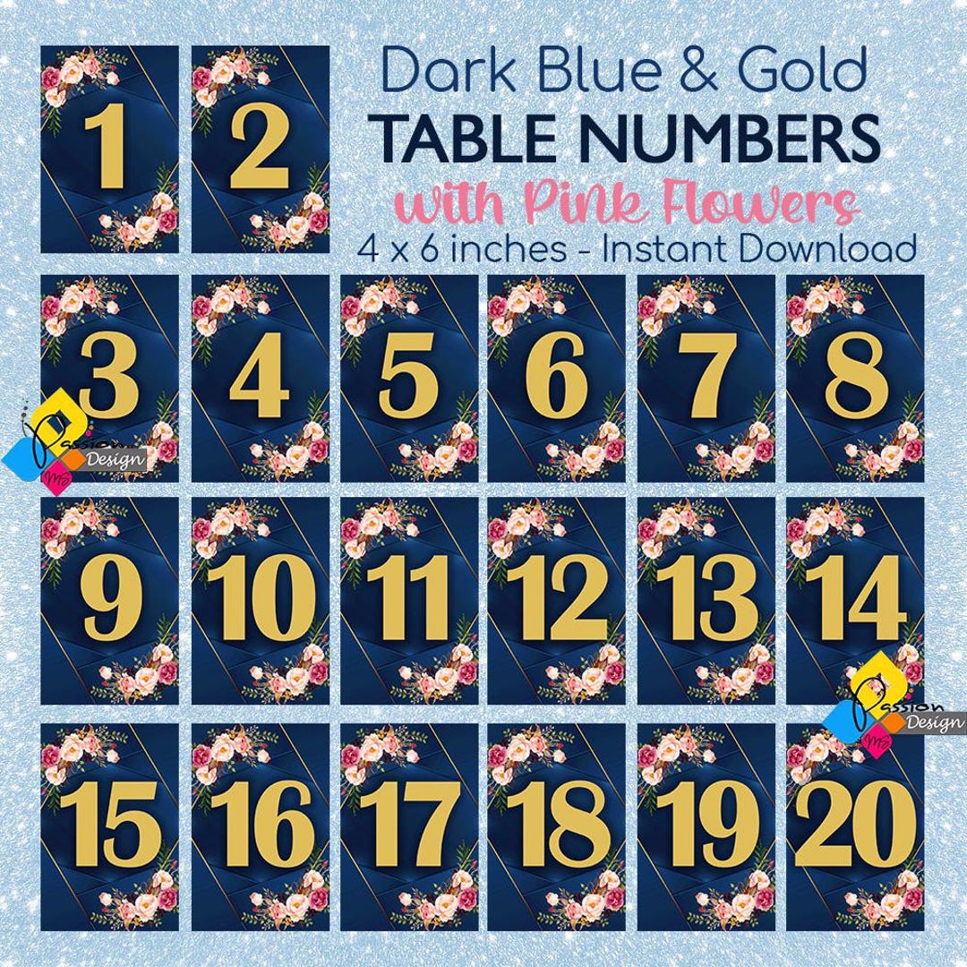 Printable Dark Blue and Gold Table Numbers. DIY Table Cards. Digital ...