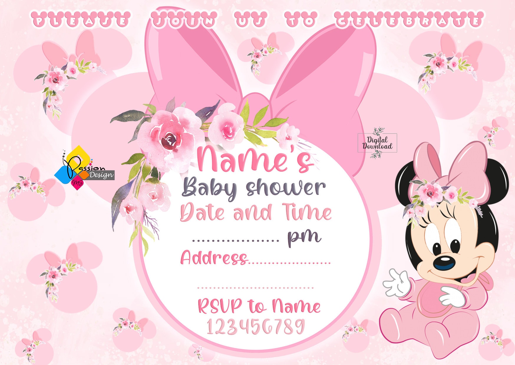 Printable MINNIE MOUSE Baby Shower Floral Invitation. Custom Pink ...