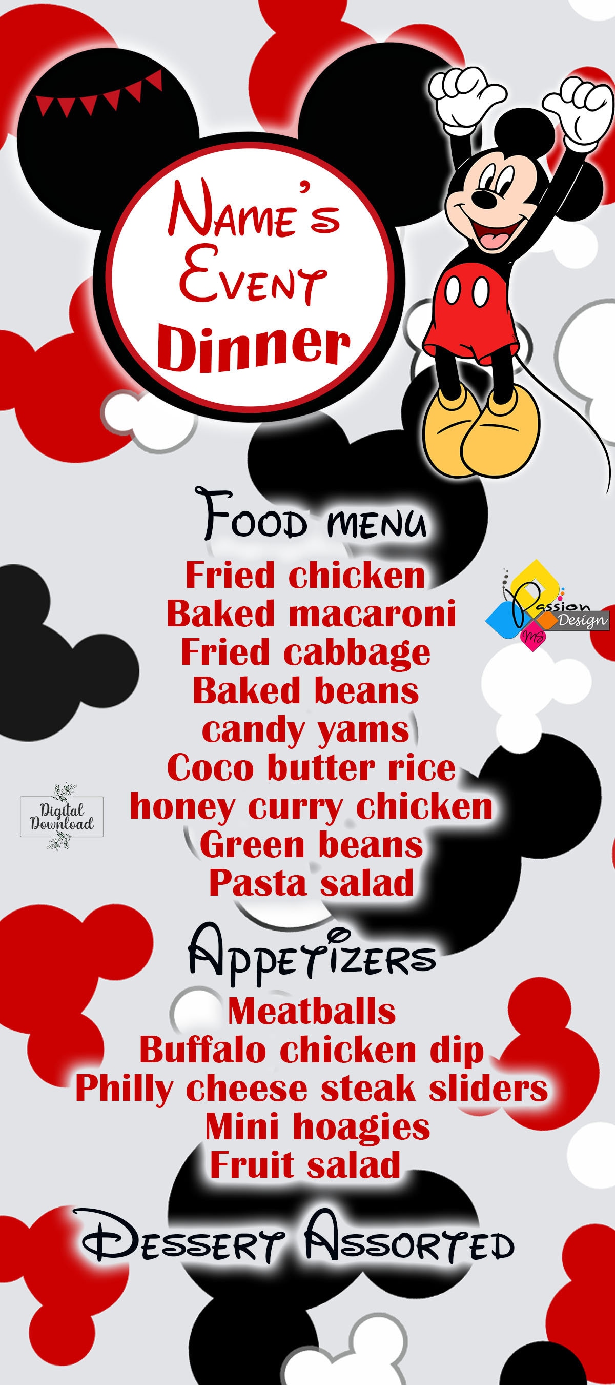 Printable Mickey Mouse Red Dinner Birthday Menu. Red Black Mickey Mouse ...