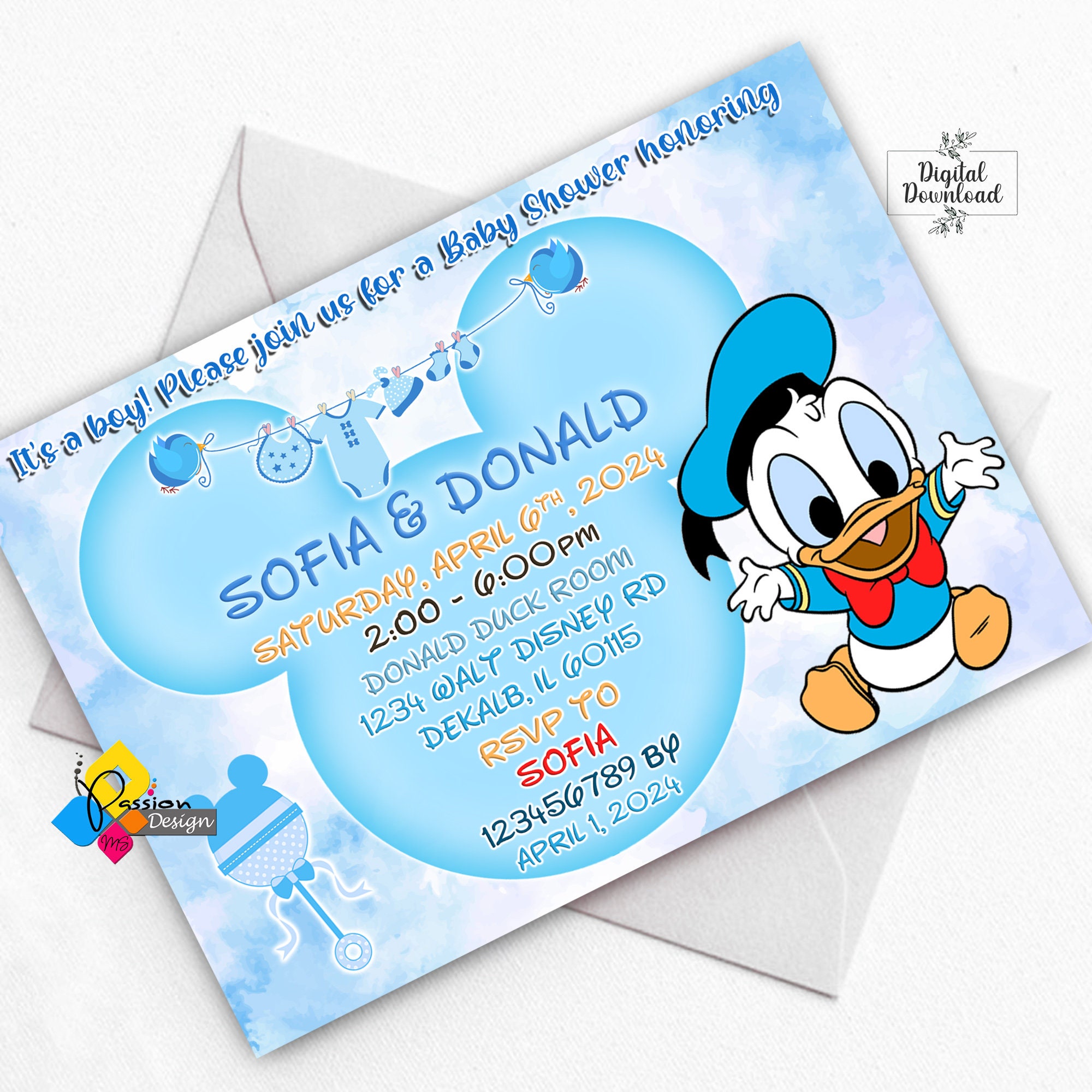 Invitación imprimible para baby shower del Pato Donald bebé en color ...