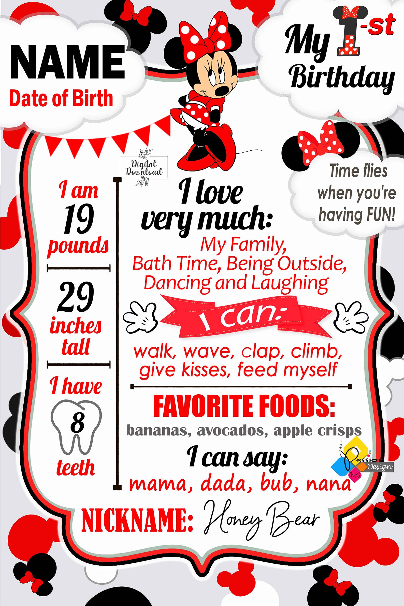 Printable MINNIE MOUSE RED Milestone Board. First Birthday Minnie Mouse ...