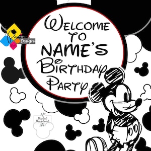Printable MICKEY MOUSE Drawing Birthday Welcome Board Monochrome ...