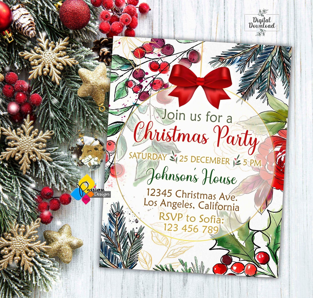 Digital CHRISTMAS PARTY Invitation. Custom Christmas Floral Invitation ...