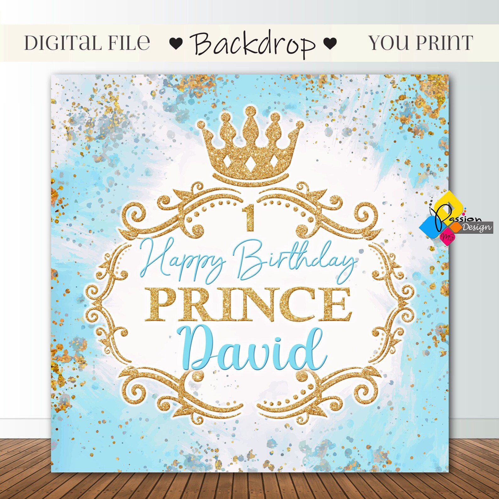 Printable PRINCE Pastel Blue Gold Backdrop. Prince Birthday Party ...