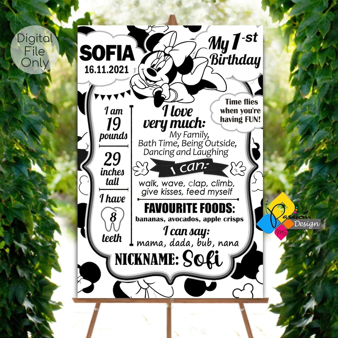 Printable MINNIE MOUSE Monochrome Milestone Board. First Birthday ...