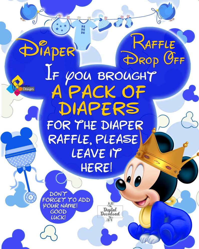 Printable Baby MICKEY MOUSE Diaper Raffle Sign. Baby Shower Diaper ...