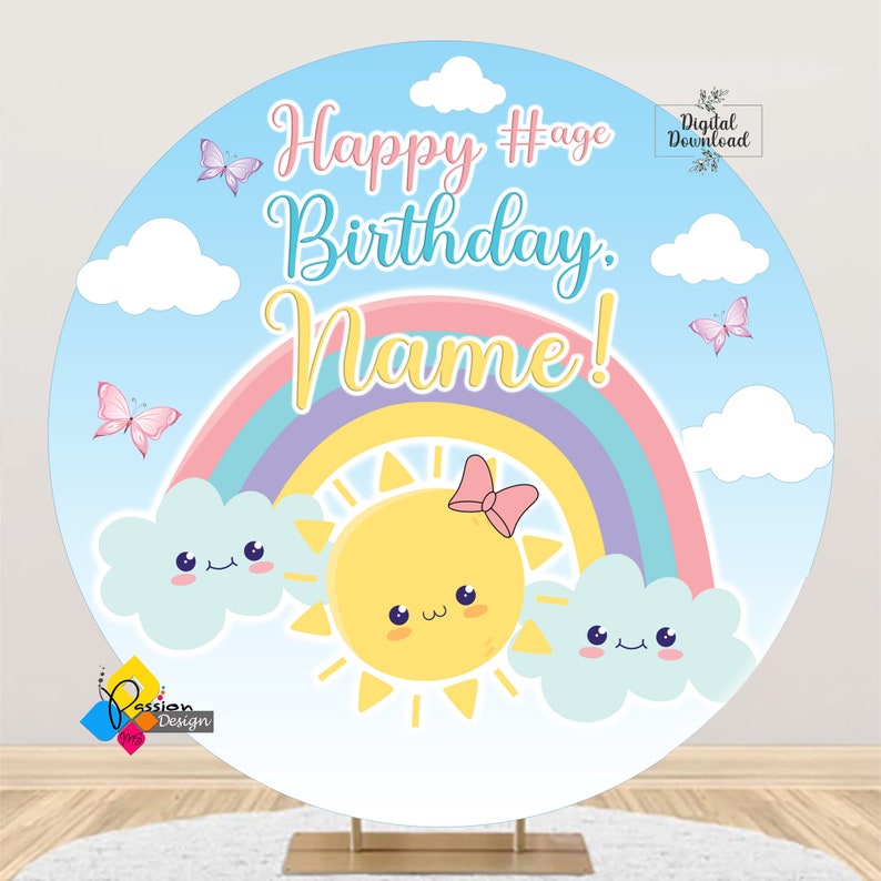 Printable SUN RAINBOW Birthday Backdrop Circle. Custom - Etsy