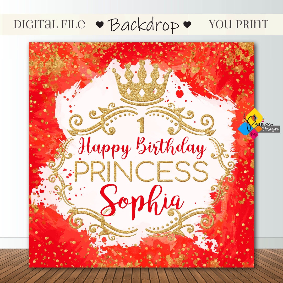 Printable PRINCESS Red Gold Backdrop. Princess Birthday Party ...