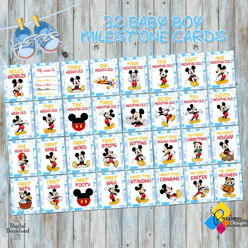 Printable 32 Mickey Mouse Baby Boy Milestone Cards. Baby Month - Etsy