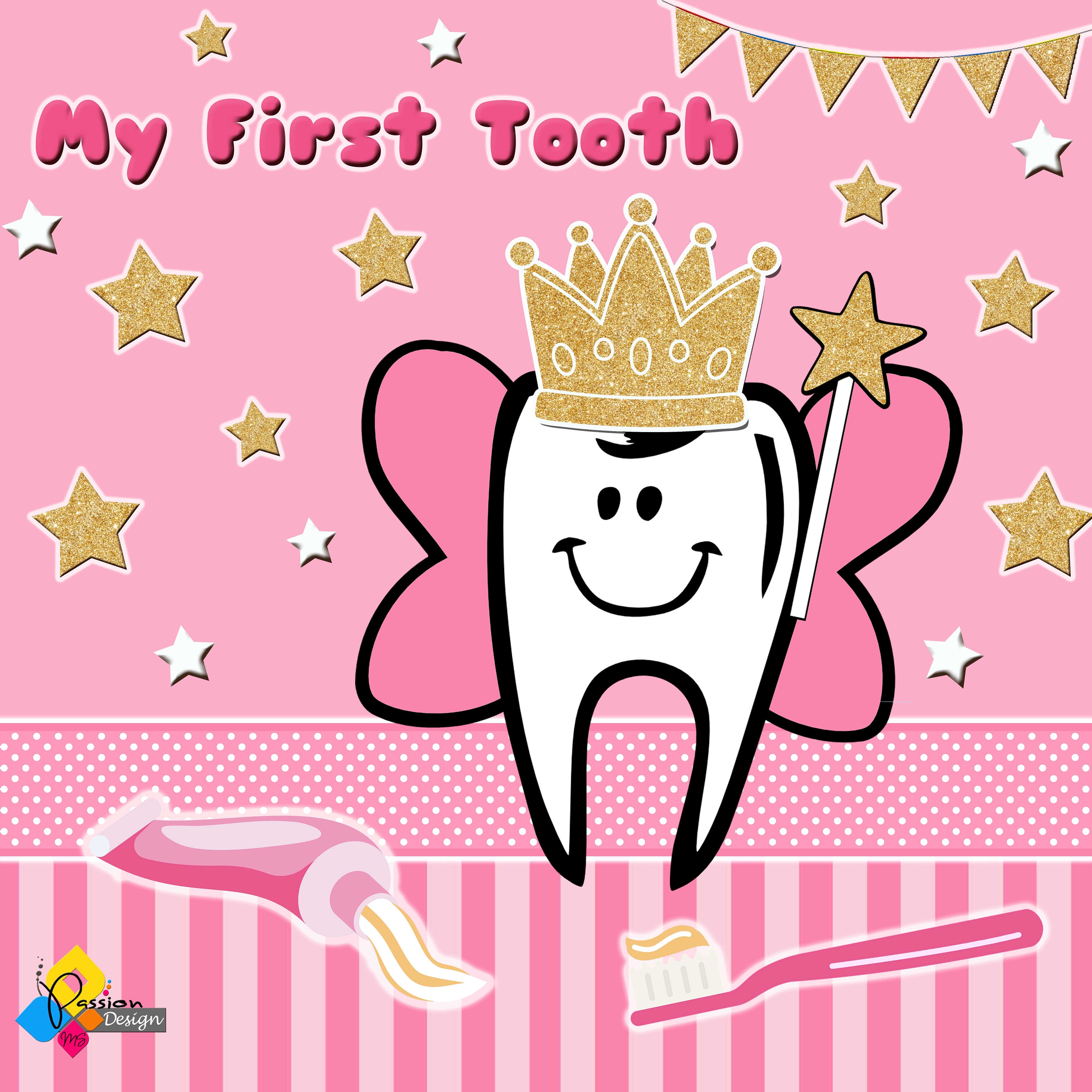 Printable My First Tooth Pink Backdrop. Birthday Party Decor. Tooth ...