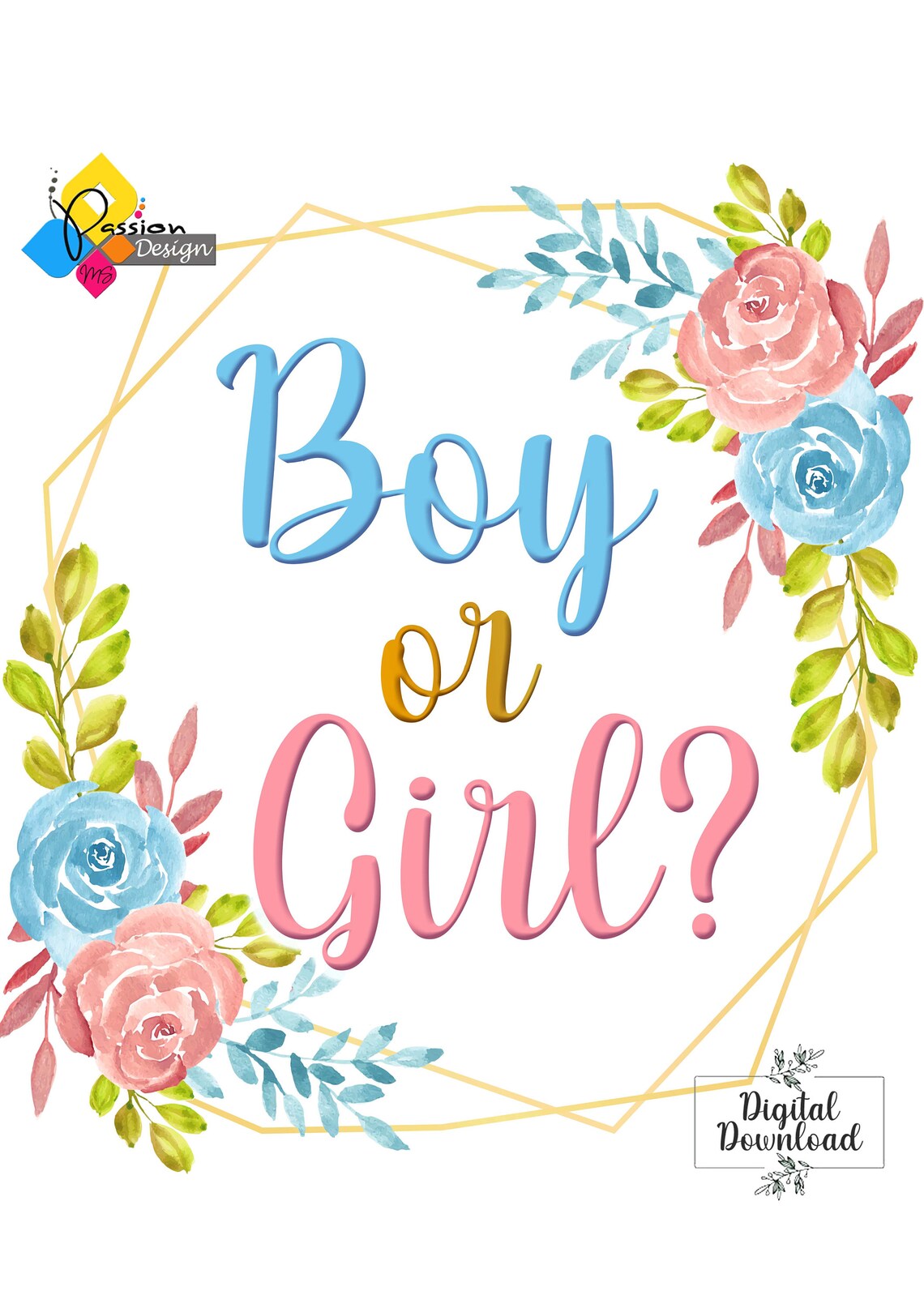 Printable Boy or Girl GENDER REVEAL Floral Frame Welcome - Etsy