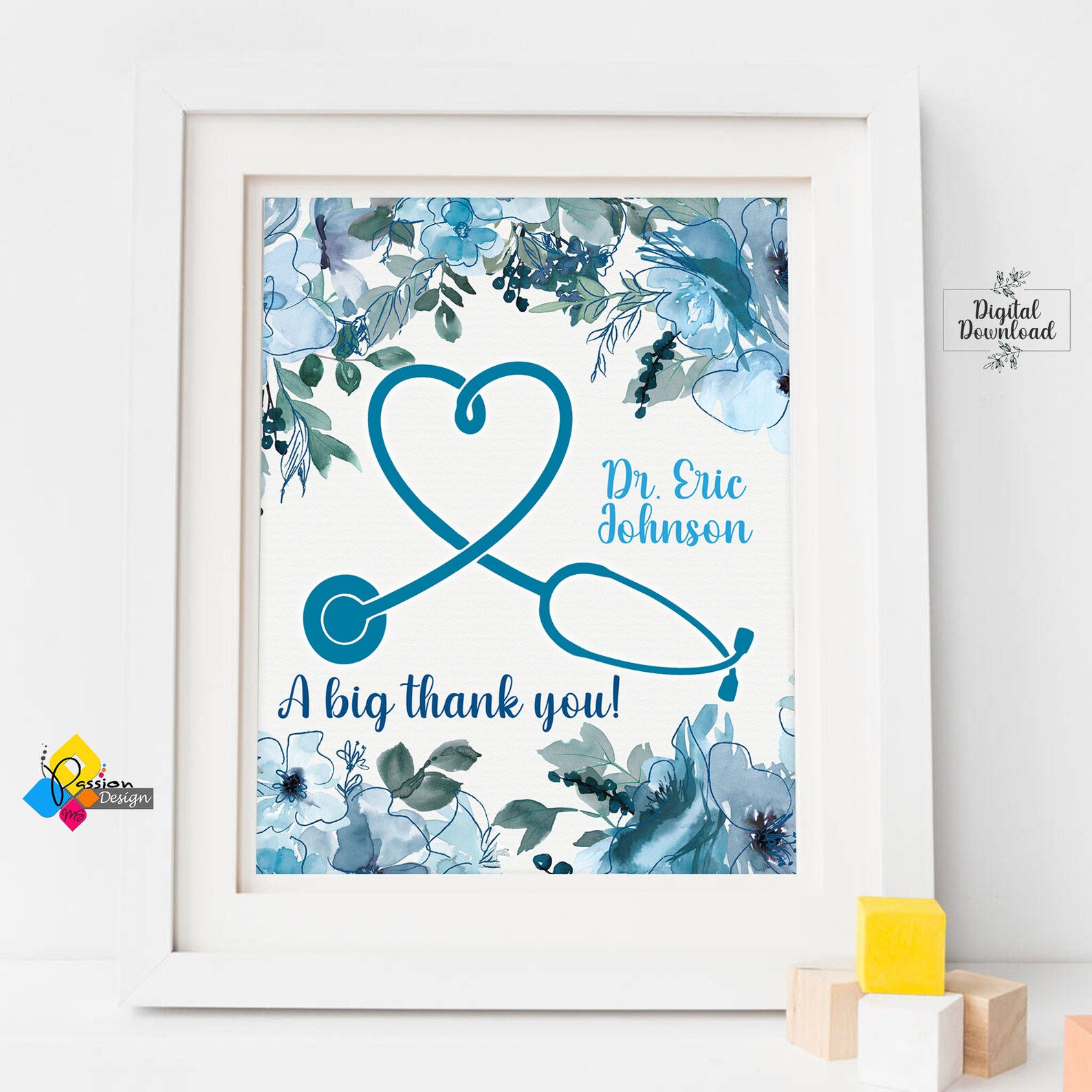 Printable Doctor Name Blue Floral Art Poster. Custom Medical - Etsy