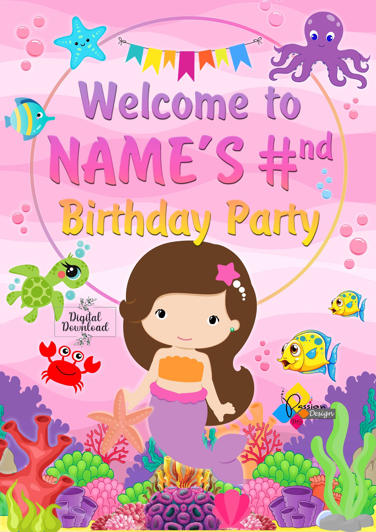 Mermaid Printable UNDER THE SEA Birthday Welcome Board. Custom Under ...