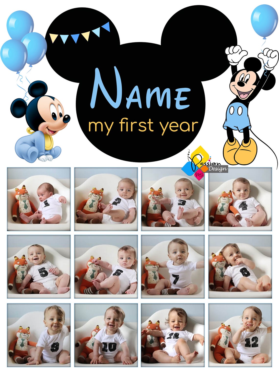 Printable MICKEY MOUSE Baby's First Year Photo Poster. Mickey Mouse 1st ...