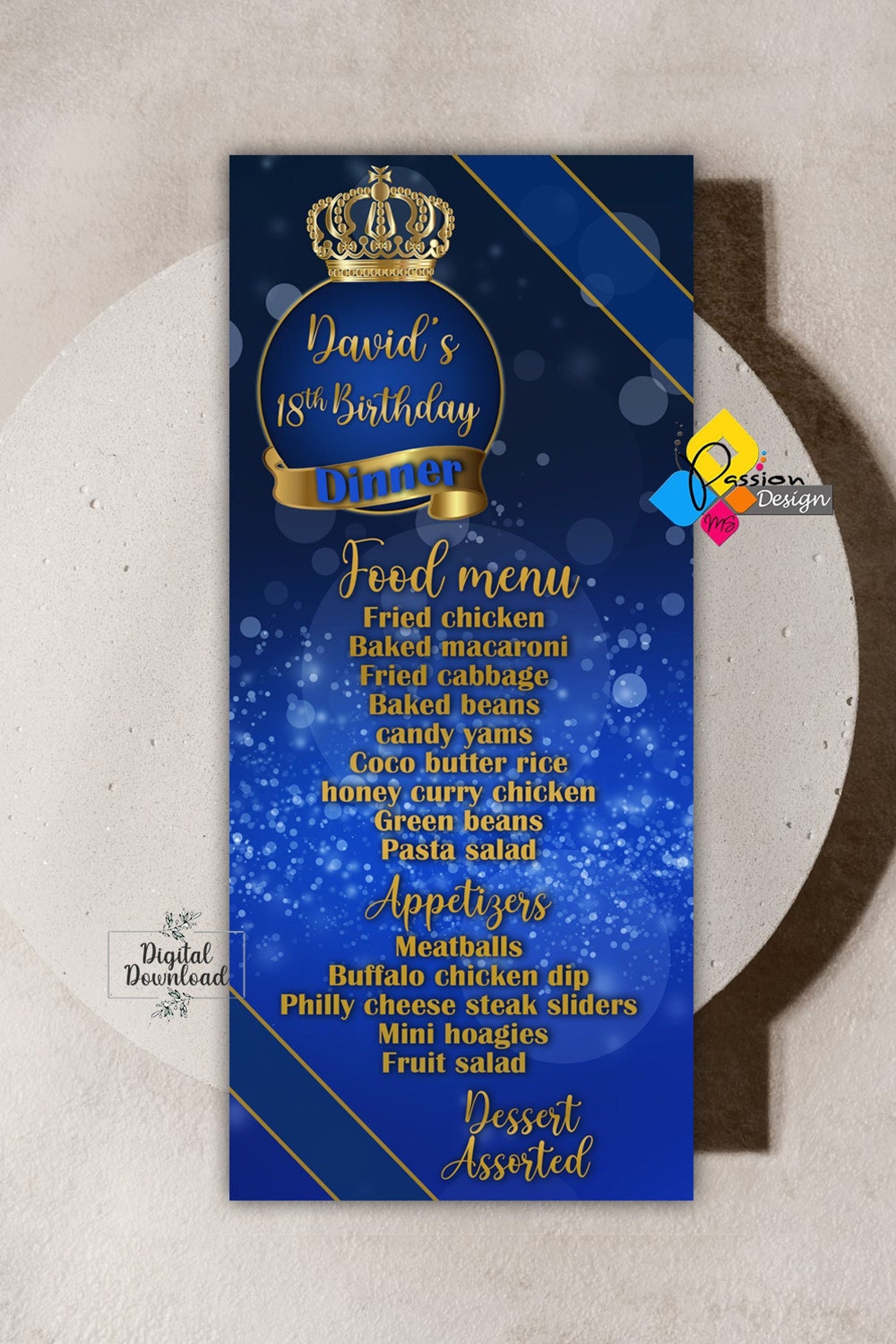 Printable Royal Blue and GOLD King Dinner Menu. Blue Luxury Menu Card ...