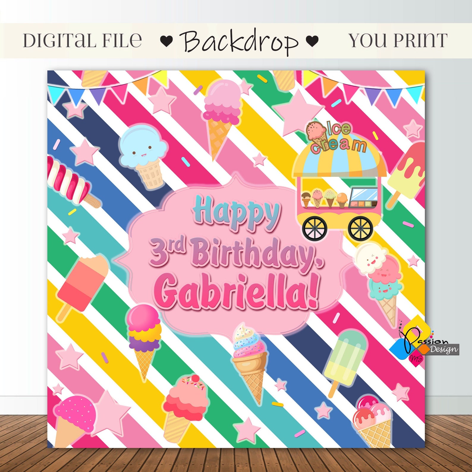 Printable ICE CREAM Backdrop. Ice Cream Theme Birthday Party Decor ...
