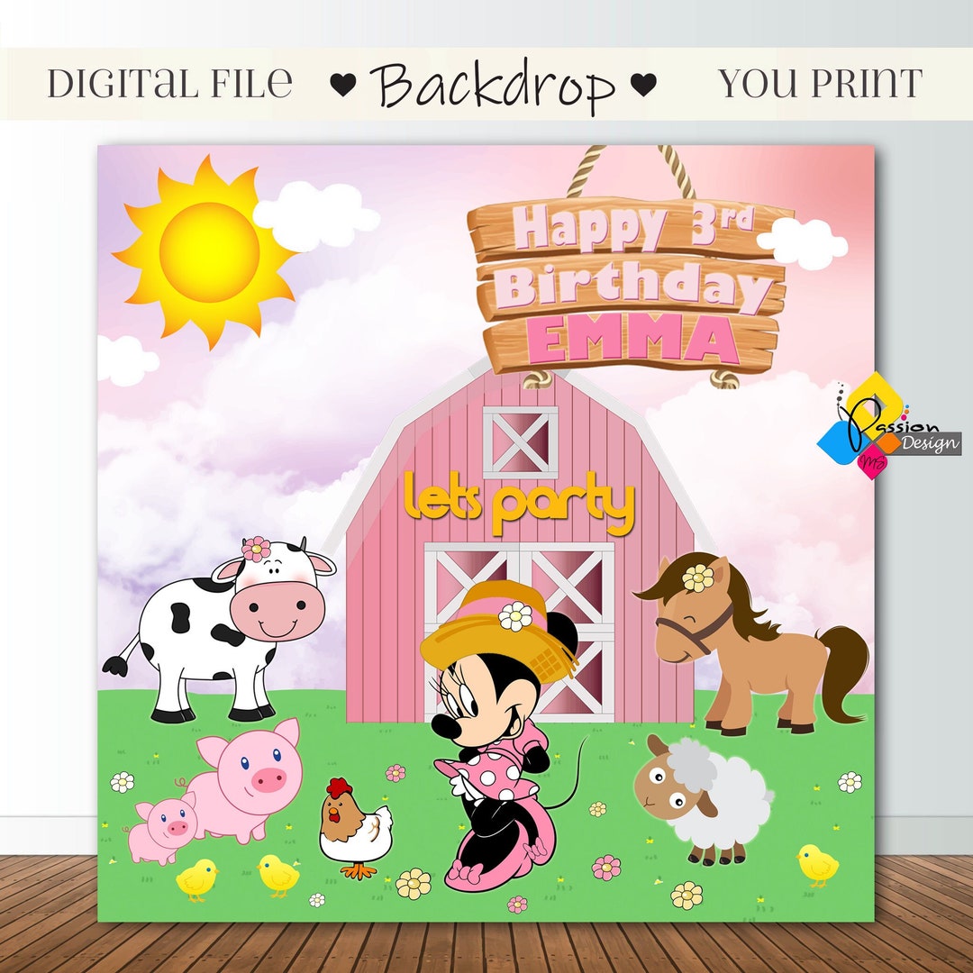 Printable MINNIE Mouse Farm PINK Birthday Backdrop. CUSTOM Minnie Mouse ...
