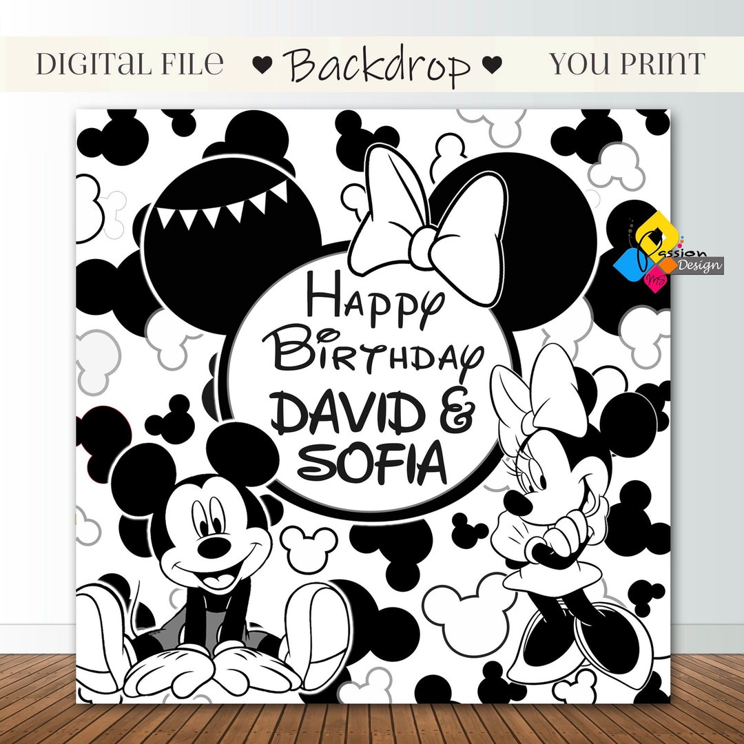 Digital MICKEY and MINNIE MOUSE Monochrome Birthday Backdrop. Custom ...