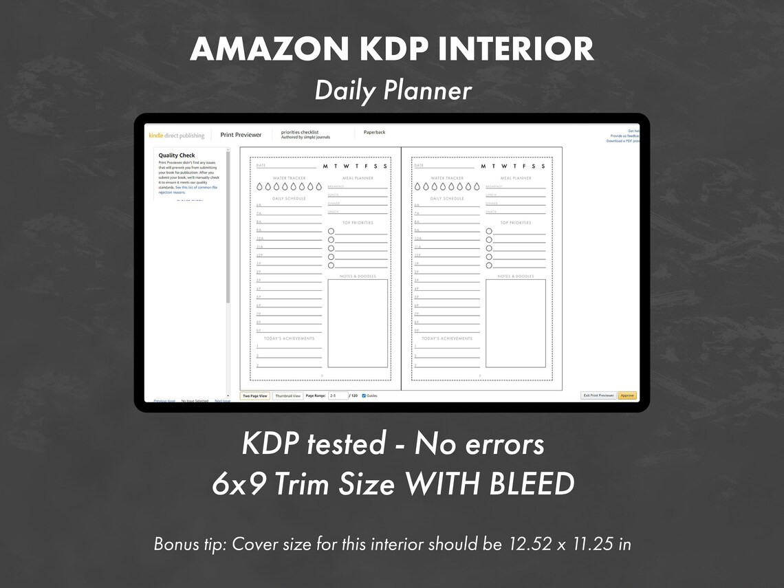 KDP Interior Daily Planner 6x9 Water Tracker Meal Planner Daily ...