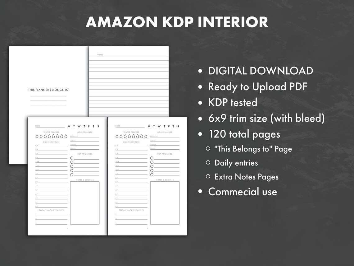 KDP Interior Daily Planner 6x9 Water Tracker Meal Planner Daily ...