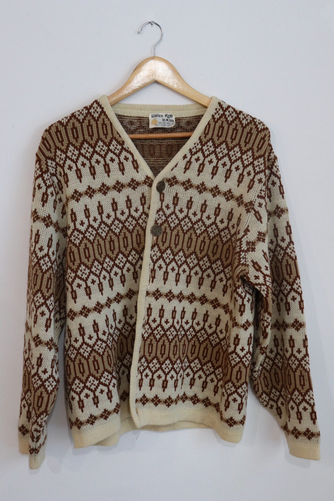 Vintage 1960s Virgin Wool Cardigan Cream/brown/tan White Ram Made in ...