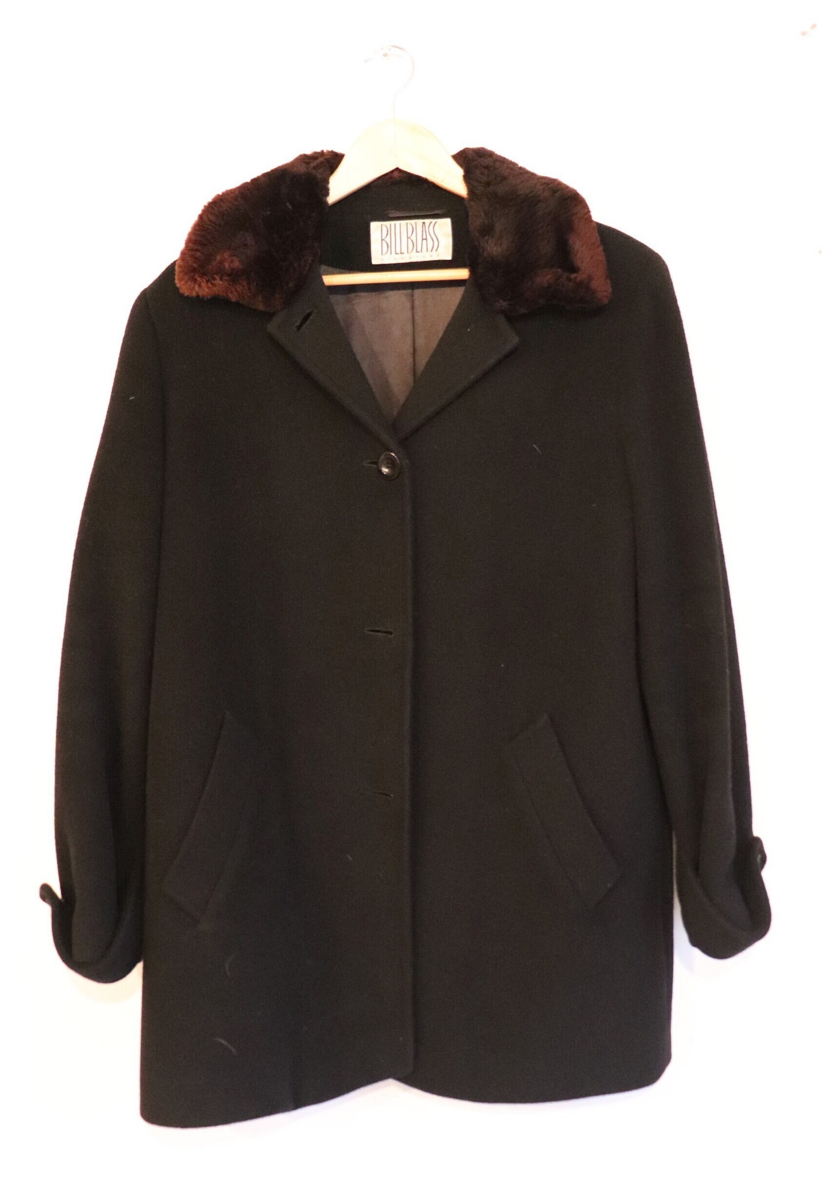 Vintage 1980s Bill Blass Car Coat Black Cashmere Merino Wool Blend