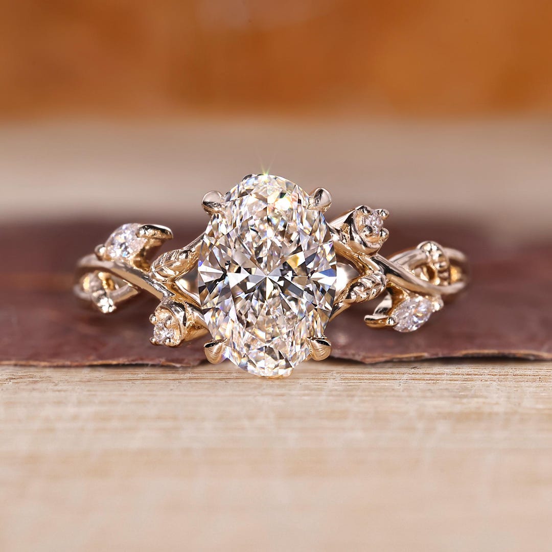 Oval Diamond Nature Inspired Engagement Ring With Leaves and Petal ...