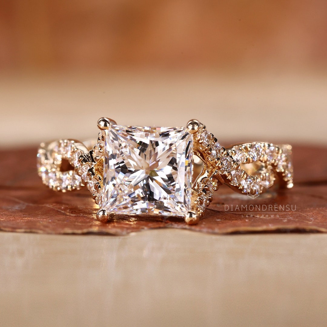 Hidden Halo Princess Cut Diamond Engagement Ring Twisted Pave - Etsy