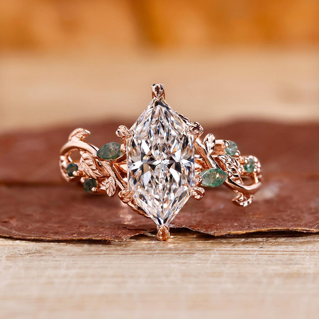 Nature Inspired Dutch Marquise Diamond Wedding Ring With Side Moss ...