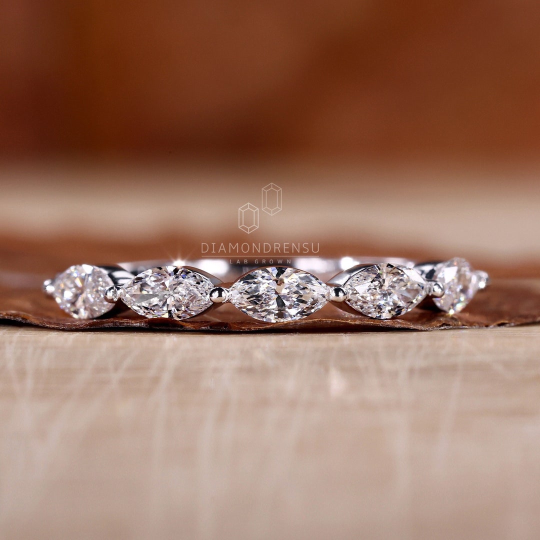 Diamond Wedding Band, Marquise Cut Lab Grown Diamond Band, 0.62 CT Half ...