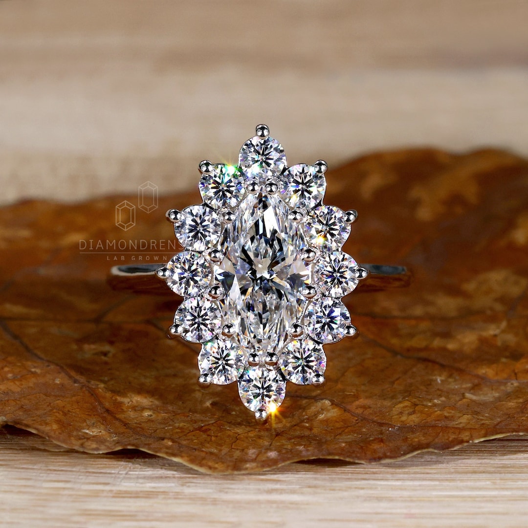 1.51 CT Marquise Cut Lab Grown Diamond Ring, Cluster Engagement Ring ...
