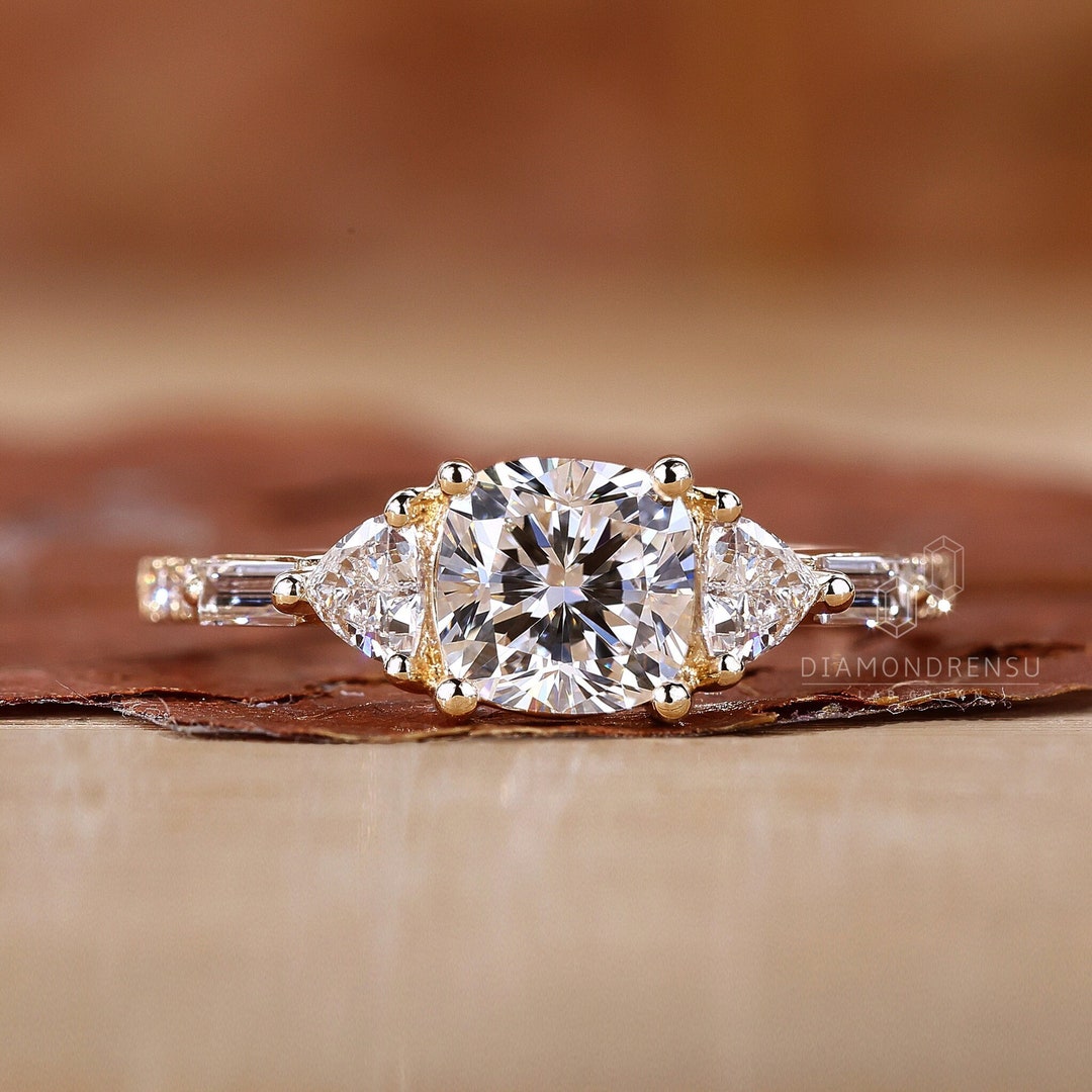 Cushion Cut Lab Grown Diamond Three Stone Engagement Ring, Vintage ...