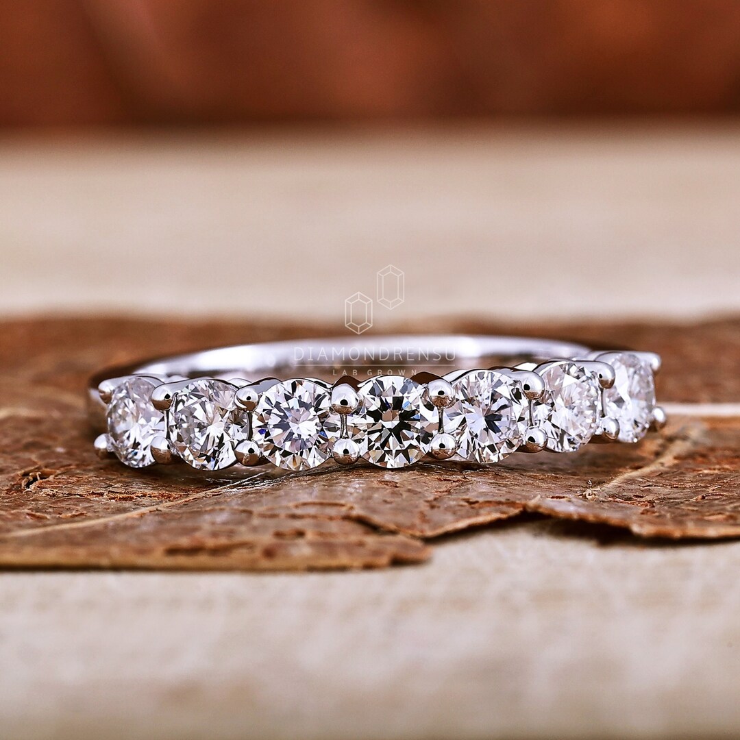 3.0 MM Round Cut Lab Grown Diamond Band, Seven Stone Wedding Band ...