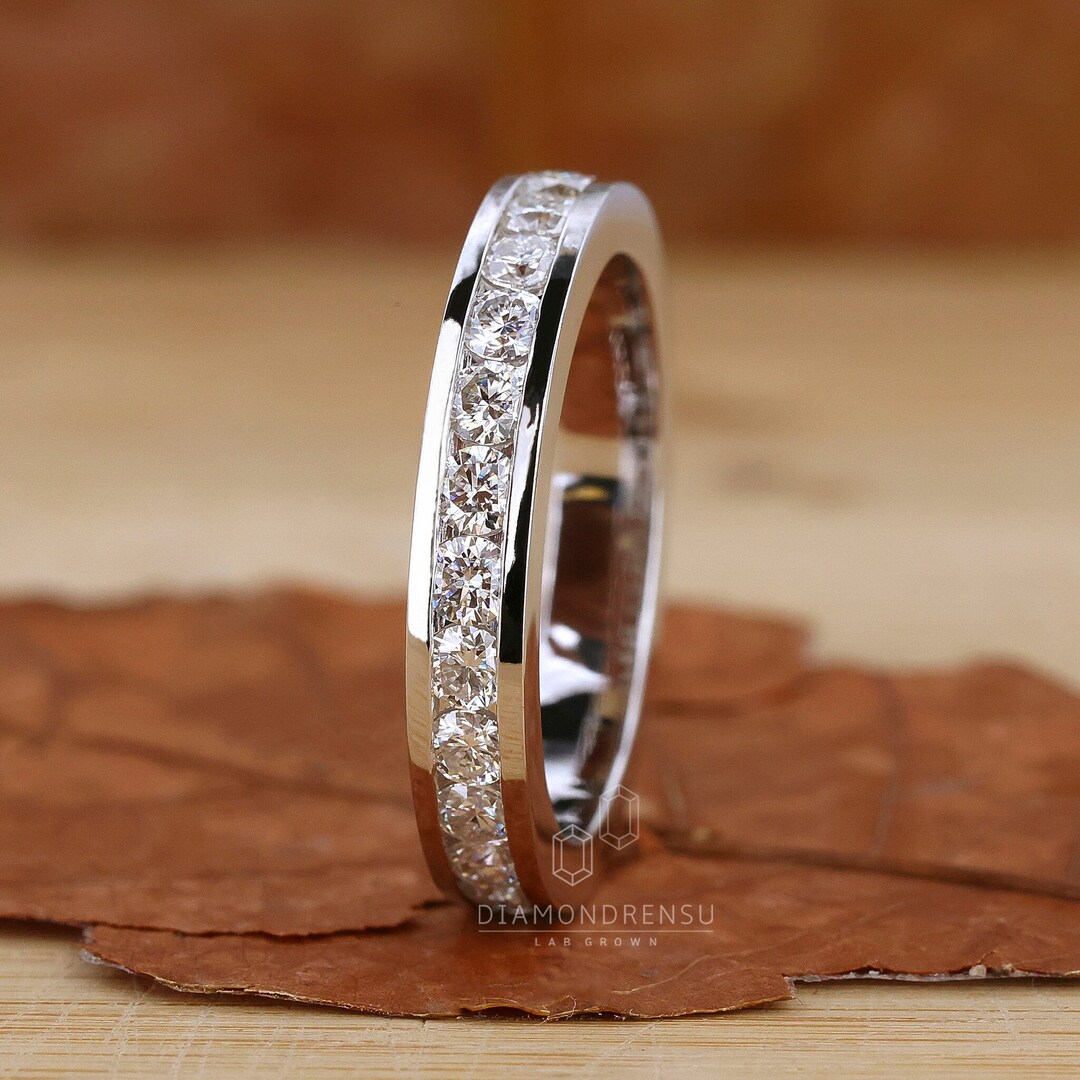 Channel Set Round Diamond Wedding Band, Half Eternity Lab Grown Diamond ...