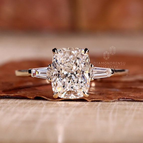Three Stone Engagement Ring Elongated Cushion Cut Diamond With Side Baguettes Lab Grown Diamond Wedding Ring IGI Certified Ring for Her Etsy