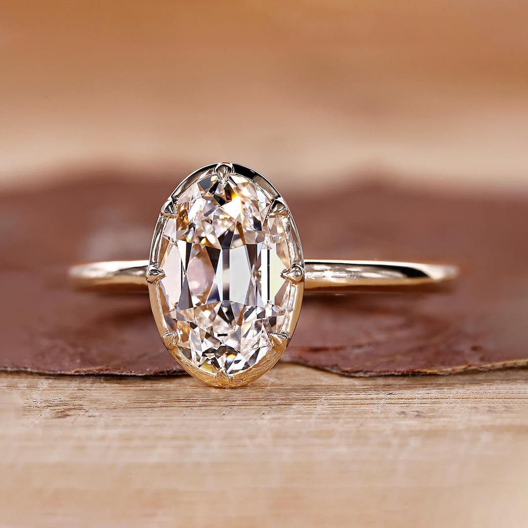Old Mine Cut Oval Diamond Solitaire Engagement Ring, Claw Prong Bezel ...